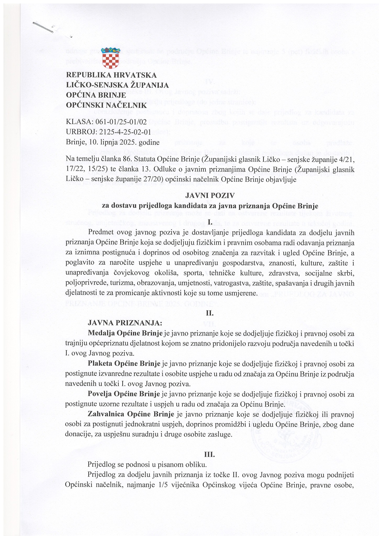 Općinski načelnik Općine Brinje objavljuje javni poziv za dostavu prijedloga kandidata za javna ...